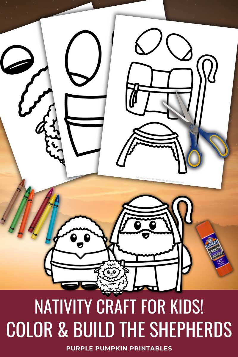 Printable Nativity Shepherds and Sheep Craft to Color and Build