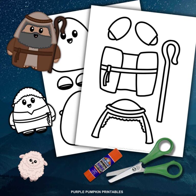 Printable Nativity Shepherds and Sheep Craft to Color and Build