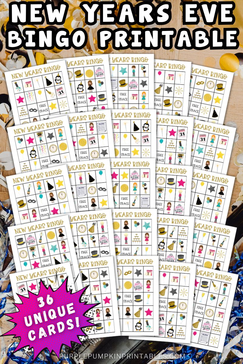 Printable 36 New Years Bingo Cards for New Year's Eve